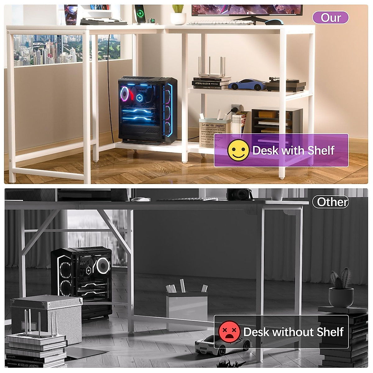 VEELOK L Shaped Desk with Power Outlets, Wood Computer Desk with Monitor Stand and Storage Shelves, Gaming Desk, Office Desk, Study Desk, Corner Desk Work Desk for Home Office, White