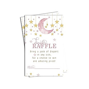 Twinkle Little Star Diaper Raffle Tickets, Celestial Baby Shower Games for Prizes, Pink and Gold Baby Shower Diaper Raffle Invitation Insert Cards, 50 Pack