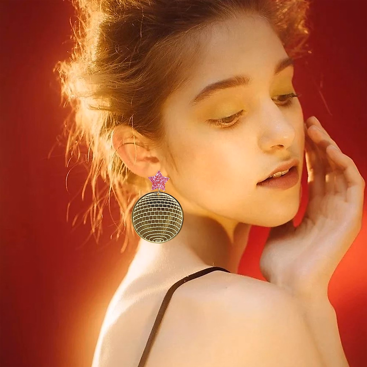 RofYof Disco Ball Earrings Retro Acrylic Disco Ball Earrings 70'S 80'S Disco Dance Punk Dangle Drop Earrings for Women Halloween Party Costume Jewelry Gifts (gold)