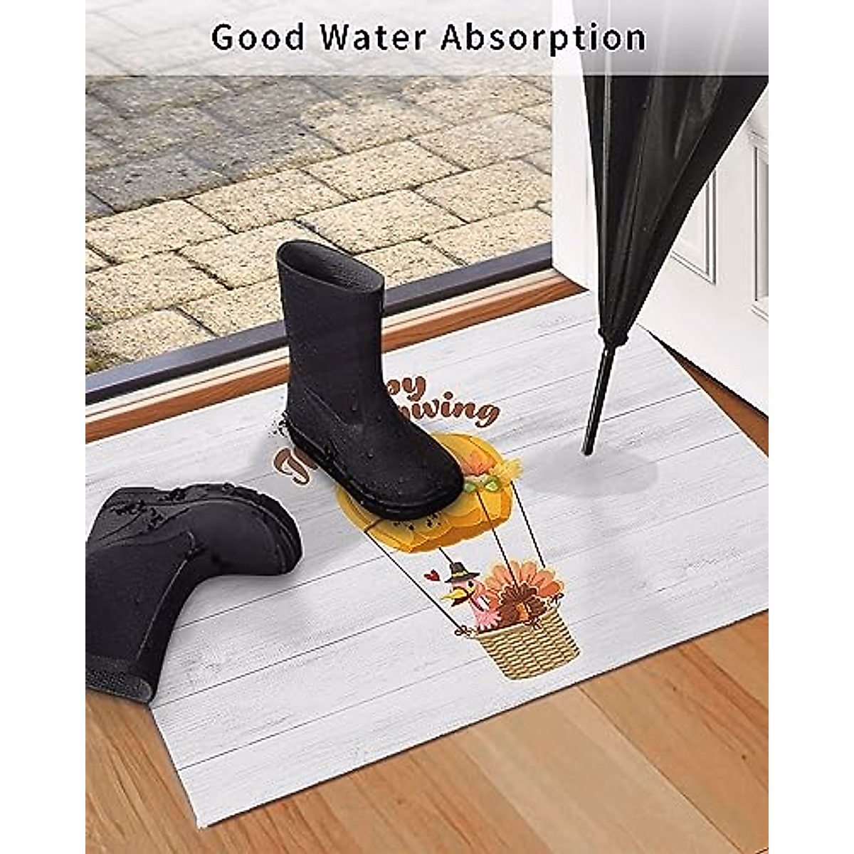 Savannan Floor Mats,Happy Thanksgiving Cartoon Turkey in Pumpkin Shaped Hot Air Balloon Wooden Non Slip Latex Backing Ultrathin Loop Pile Door Rugs for Dining Room Office Home Decor 24"x32"