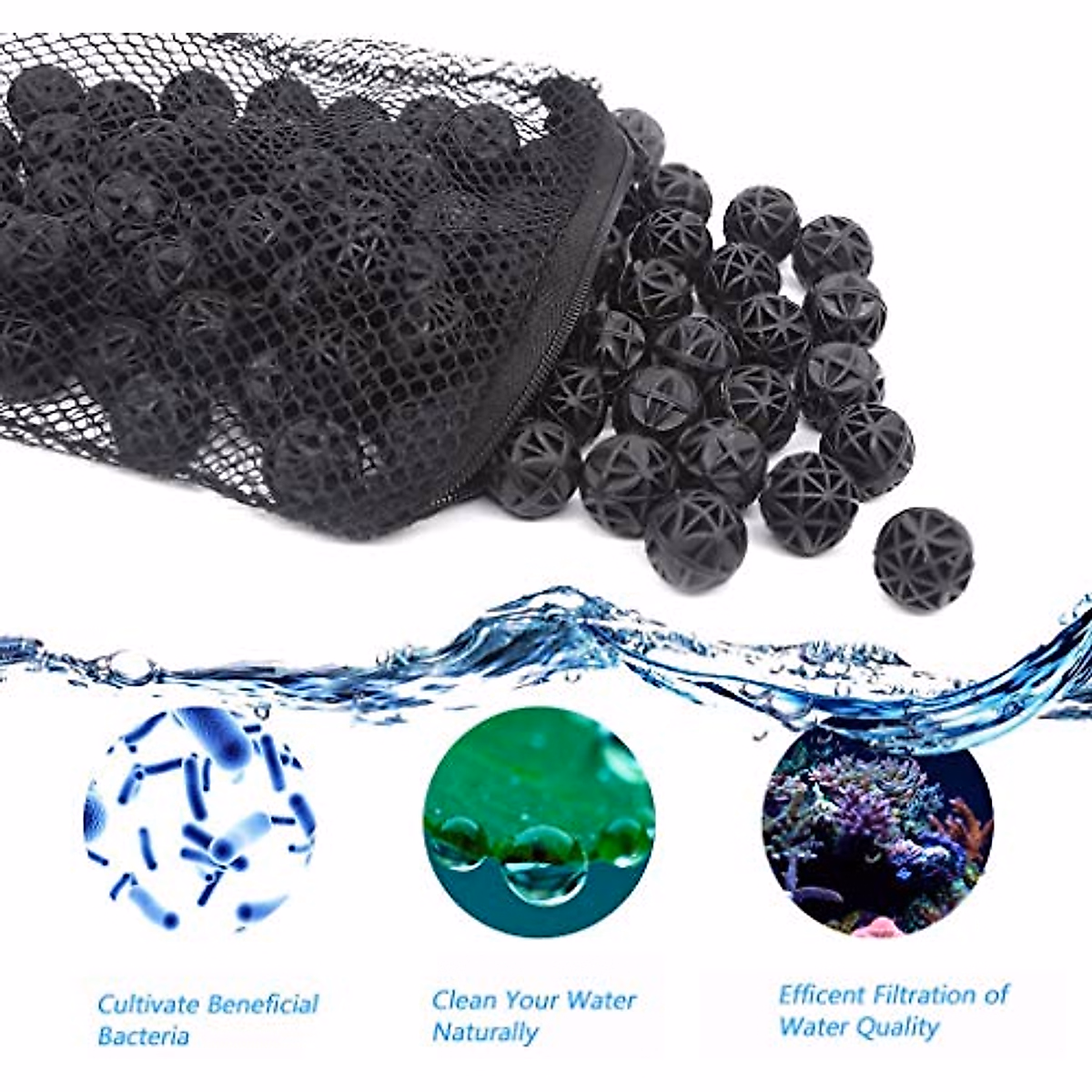 CESFONJER 90Pcs Bio Balls Filter Media with Sponge Aquarium Filter Media Tank Bio Balls, for Fish Tank, Aquarium, Pond Filter Media (18mm) + 2 Pcs Aquarium Media Filter Bag