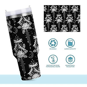Emelivor Dragonflies Black 30 oz Tumbler with Lid and Straw Insulated Tumblers with Handle Leak Proof Coffee Tumbler Mug Large Water Bottles for Women Men Sports Gym