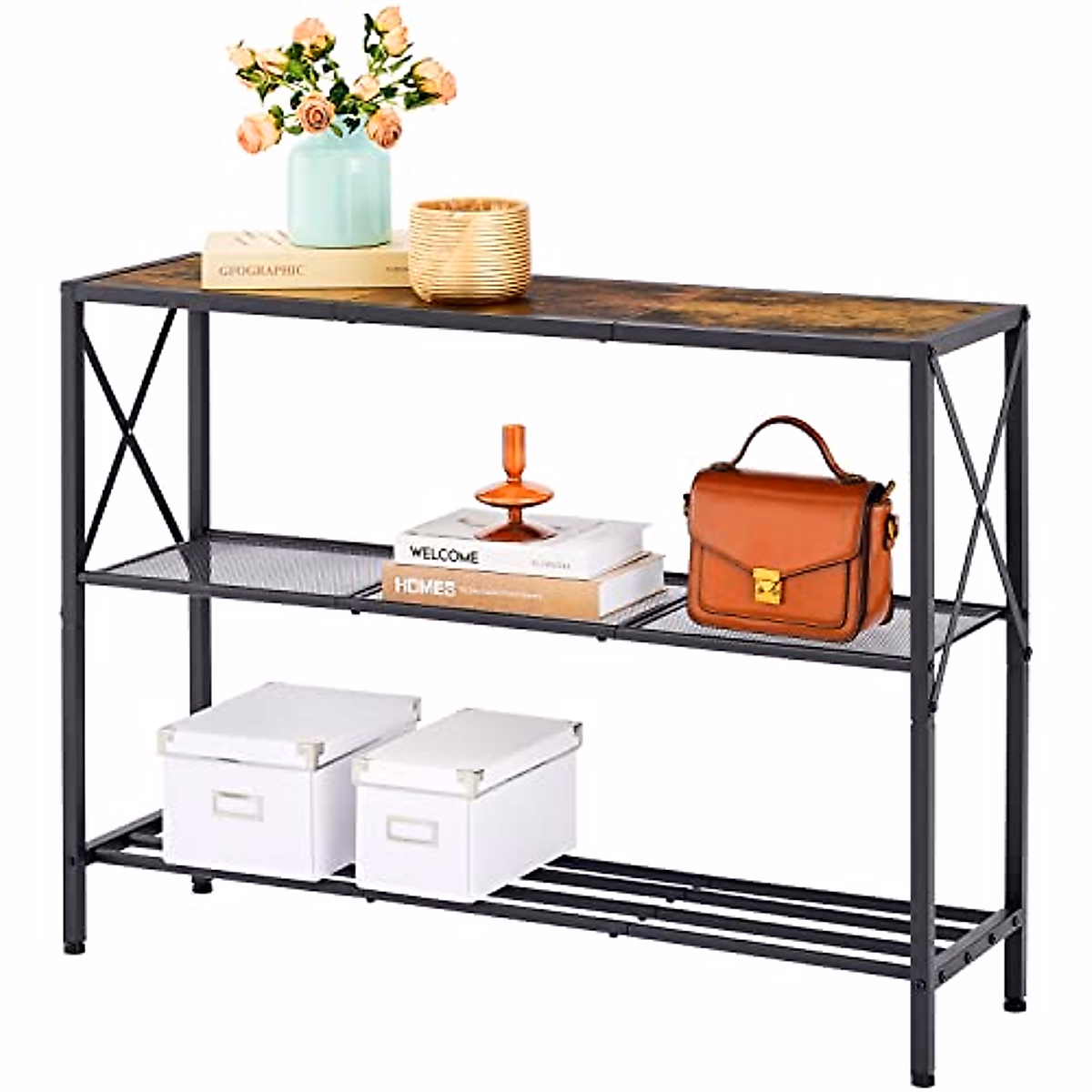 Hoctieon Industrial Console Table, 3 Tier Entryway Table, Hallway Table, Narrow Sofa Table with Shelves, Entrance Table for Entryway, Living Room, Foyer, Hallway, Office, Rustic Brown&Black