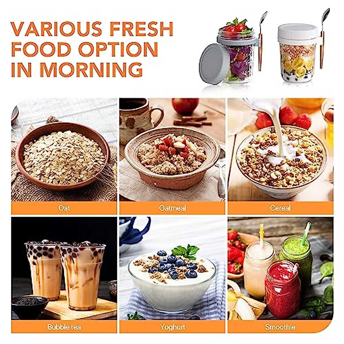 Overnight Oats Jars, Overnight Oats Container with Lids and Spoon 10 oz [2 Pack], Airtight Glass Jars with Measurement Marks, Glass Canisters Hold Yogurt, Nuts and Fruit Salad & More