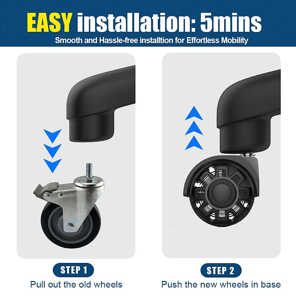 Office Chair Wheels Casters-Protection for Hardwood Floors and Carpet, Heavy Duty Silent Computer Chair Wheels with Standard Stem 7/16″* 7/8″(11mm*22mm),Office Furniture Casters Set of 5(Black)