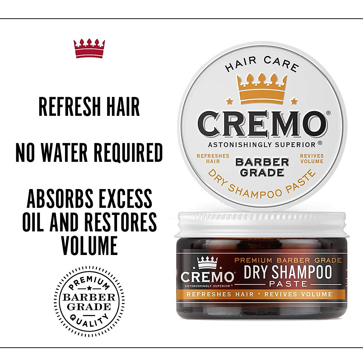 Cremo Barber Grade Dry Shampoo Paste, Refreshes Hair Without Water, 4 Oz
