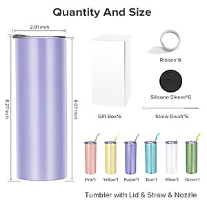 FASTSUB Sublimation Tumblers 20 oz Blank Bulk Glitter Cups Straight Skinny Stainless Steel Double Wall Vacuum Insulated with Lids and Straws Coaster for Tumbler Heat Press Multicolored 6 Pack