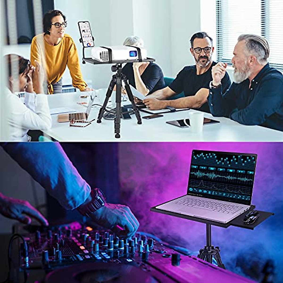Klvied Universal Projector Tripod Stand - Laptop Tripod Stand with Removable Mouse Tray and Gooseneck Phone Holder, Laptop Floor Stand Adjustable 17.6 to 51.4 Inch, Projector Stand for Stage, Studio