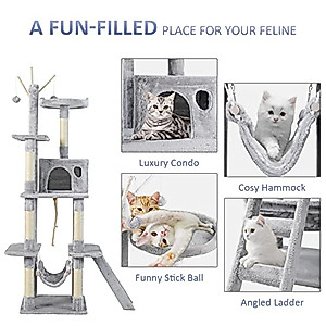 JOYO Cat Tree for Indoor Cats, 65.5 Inches Multi-Level Cat Tower Cat Tree with Hammock, Scratching Posts, Top Perch, Ladder, Cat Activity Tree Cat Condo with Toys, Cat Climbing Tower for Kitten Play