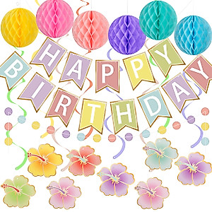 Colorful Happy Birthday Banner Decorations Kit for Women Girls, Pre-Strung Birthday Party Decorations with Happy Birthday Sign Banner, Tissue Paper Pom Poms, Circle Dot Garland, Hanging Decoration