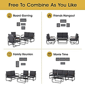 May in Color Metal Patio Furniture Set 4-Piece Wide Seating Conversation Sets Outdoor Sectional Sofa, Loveseat, Chair, Glass Coffee Table,8 Cushions, Comfortable, Easy Assemble, Dark Grey-1