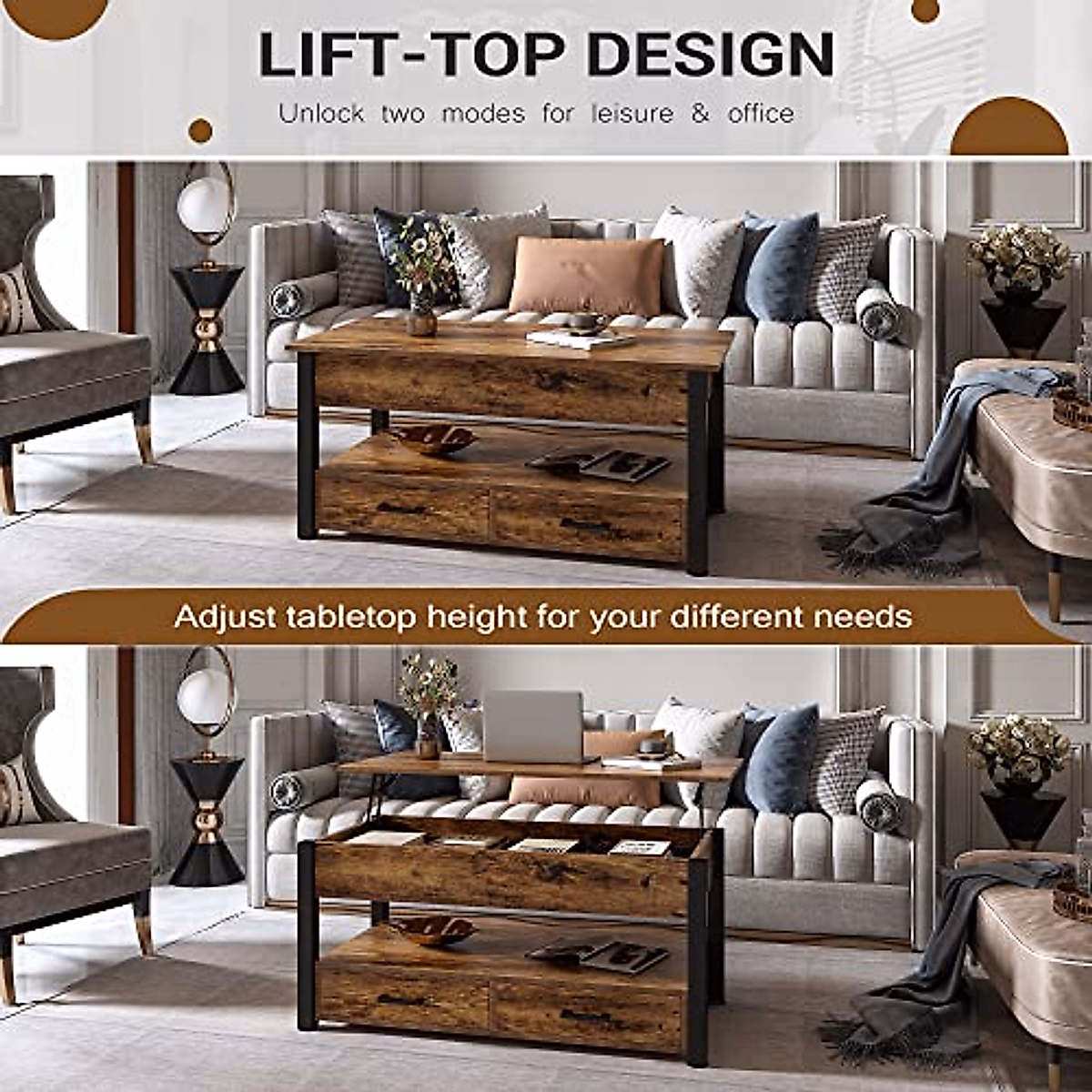 Osfvolr Lift Top Coffee Table, Coffee Table with Storage Drawers and Adjustable Metal Legs, Vintage Wood Living Room Tables with Hidden Compartment and Open Shelf, Brown