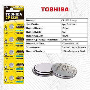 TOSHIBA CR1220 3V Lithium Coin Cell Battery 5 Batteries in Strip Child-Resistant Packaging