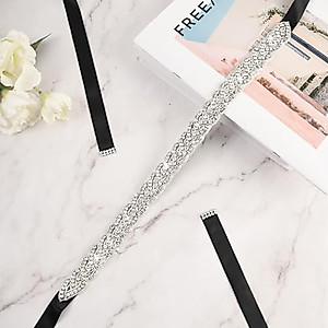 Telooco Bridal Wedding Waist Belt Silver Glitter Rhinestone Sash Belt Handmade Black Ribbon Crystal Belt for Bride Women Formal Dress
