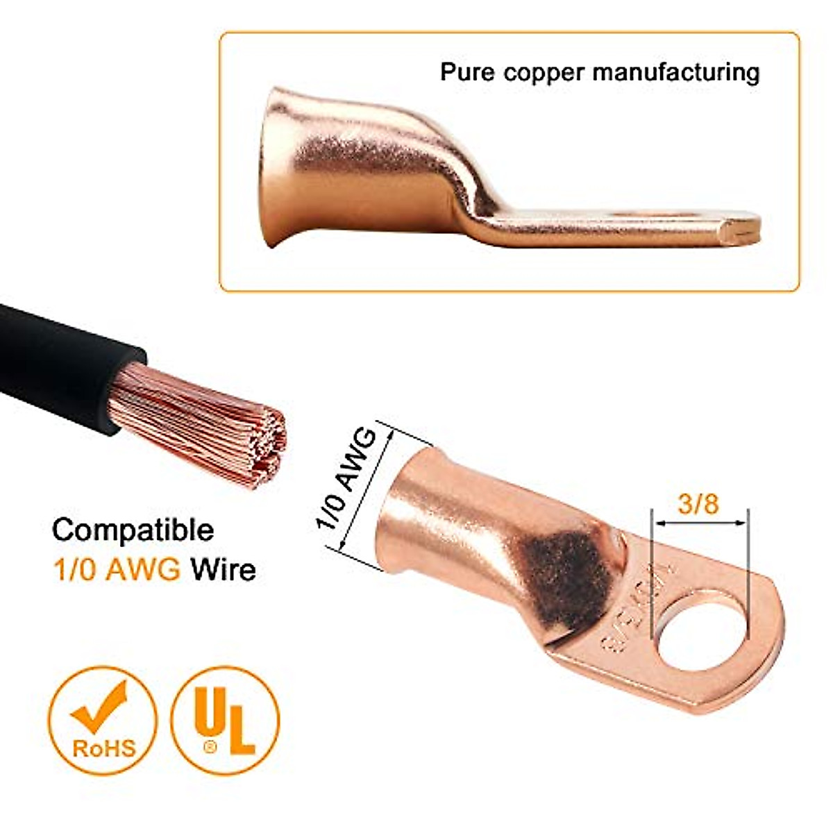 SVAAR 1/0 AWG-3/8" Battery Cable Lugs 10pcs 0 Gauge Copper Wire lugs, Heavy Duty Battery Cable Ends,0 AWG Lugs UL Listed Closed End Eyelets Tubular Ring Terminal Connectors with 3:1 Heat Shrink Tube