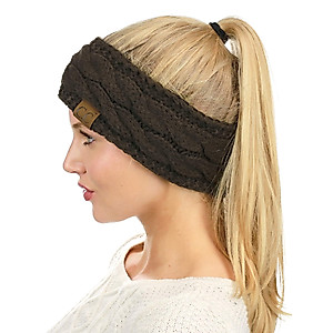 C.C Soft Stretch Winter Warm Cable Knit Fuzzy Lined Ear Warmer Headband, Brown