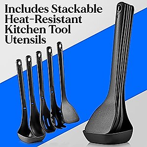 NutriChef Kitchenware Cookware, Non-Stick Pans and Pots with foldable Knob, Space Saving, Stackable, Nylon Tools, Induction Base, Black (17-Piece Set), One Size
