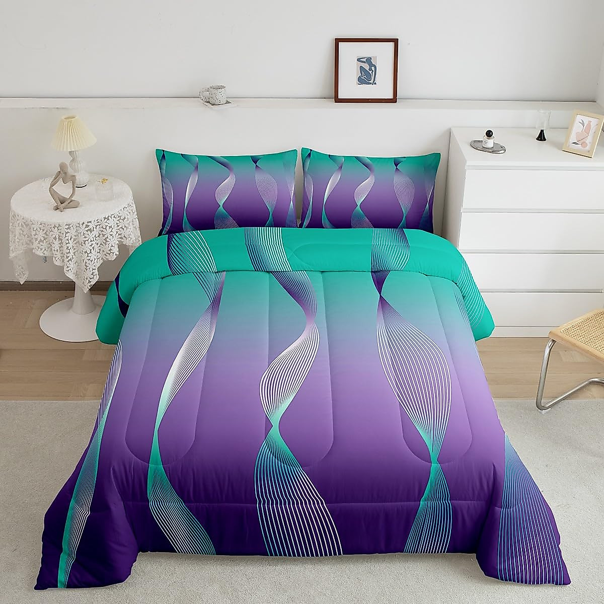 Erosebridal Gradient Gradient Teal to Purple Comforter Set for Girls,Irregular Silver Stripe Wave Line Quilt Ombre Bedding Set King,Abstract Art Room Decor Aesthetic