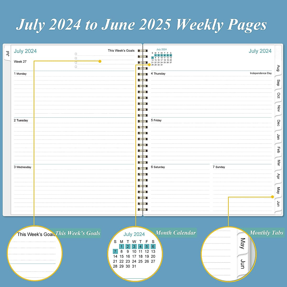 2024-2025 Planner - Weekly & Monthly Planner Spiral Bound, Planner 2024-2025 from July 2024 - June 2025 with Monthly Tabs, Inner Pocke, 8.5" x 11", Dark Blue