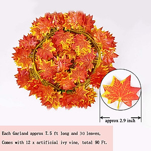 Kalolary 90 Feet 12 Strands Artificial Fall Maple Leaves Garland Autumn Fake Leaf Vine Garland Hanging Plant for Home Garden Easter Thanksgiving Indoor Outdoor Decor