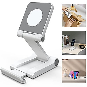 Portable Foldable Cell Phone Stand for Desk, Magnetic Adjustable Tablet Holder Mount for Office Desktop Compatible with iPhone 14/13/12 Magsafe, iPad, Universal Cellphone Dock with Metal Ring Sticker