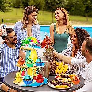 Summer Beach Party Cupcake Stand Decorations 3 Tier Pool Theme Cake Holder Luau Hawaiian Party Dessert Stand Tower for Kids Office Classroom Beach Birthday Party Baby Shower Wedding Party Supplies
