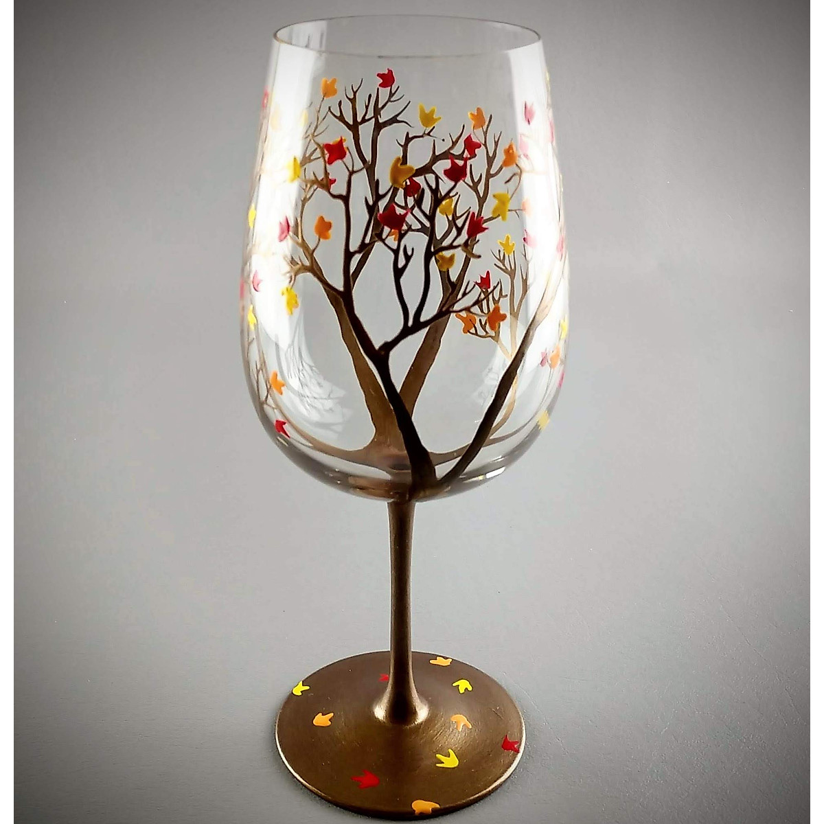 Autumn Tree Wine Glass - Fall Colors - Leaves of Red, Yellow, Orange - Hand Painted - Fall Leaf - 20 ounce