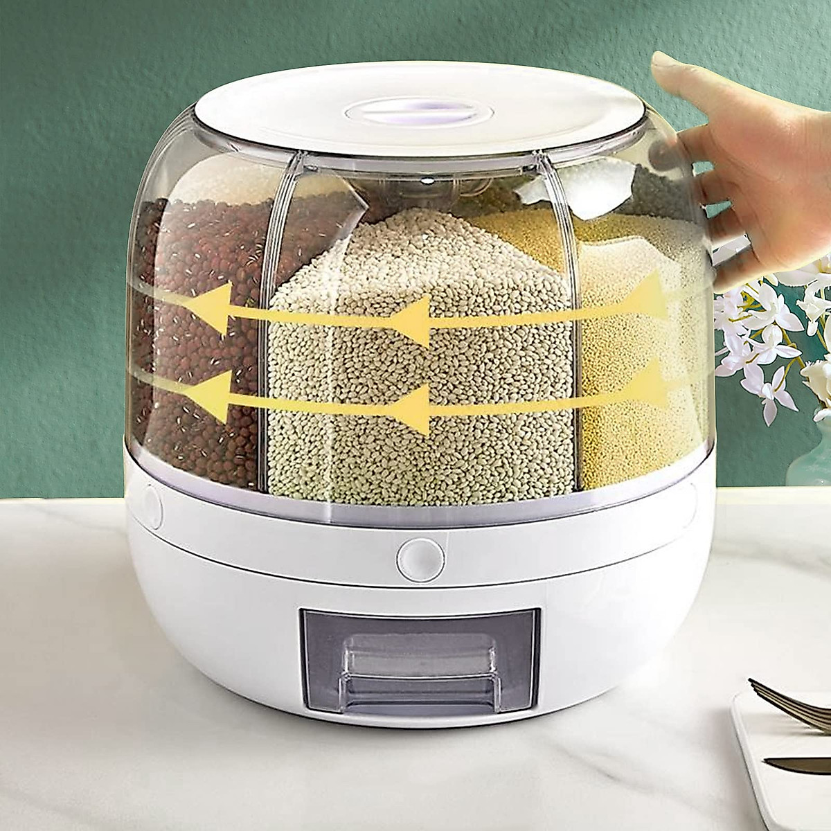 KONKENIE 6 Grids Rotatable Grain Storage Tank with Lid 10kg Rice Cereal Bean Flour Plastic Container 360° Rotating Round Dry Food Dispenser for Home Kitchen Pantry Store White&Clear (9.5x10.6x10.6in)