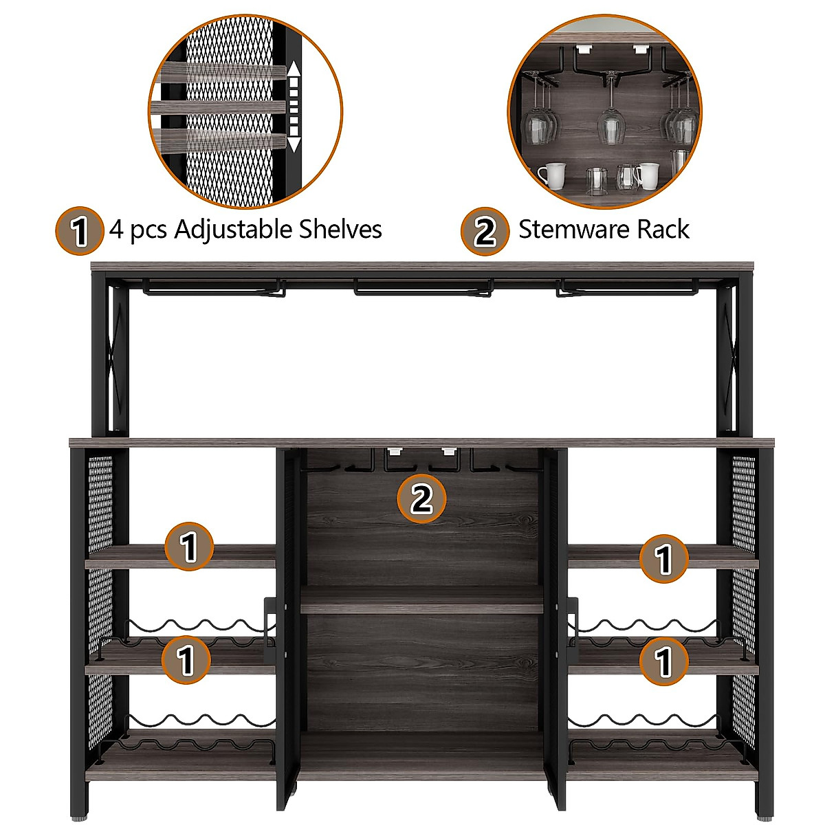 Gyfimoie Wine Bar Cabinet, 55 Inches Industry Coffee Bar Cabinet with Wine Rack and Glass Holder, Kitchen Sideboard Buffet Cabinet with Wine Rack Storage for Liquor and Glasses (Rustic Grey)