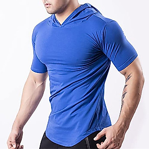 Mens Fashion Workout Hipster Hooded Short Sleeve Lightweight Soft Cotton Moisture Top Fishing Hiking Running Workout T-Shirts (Blue,Large)
