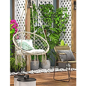 Wodeer Hammock Swing Chair with LED Light,Cushion and Hardware Kits,Handwoven Cotton Rope Macrame Hanging Swing Chair for Indoor, Outdoor, Patio, Bedroom.330 Lbs Capacity,for Almost Ages use,Beige