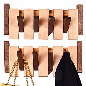 2 Pcs Wood Coat Piano Hooks with 4 Flip Down Hooks Decorative Wooden Wall Mounted Rack Hooks Handmade Natural Walnut Wood and Beech Artwork Coat Hangers Multi Rack for Towel Hat Key Scarfs Purses Bag