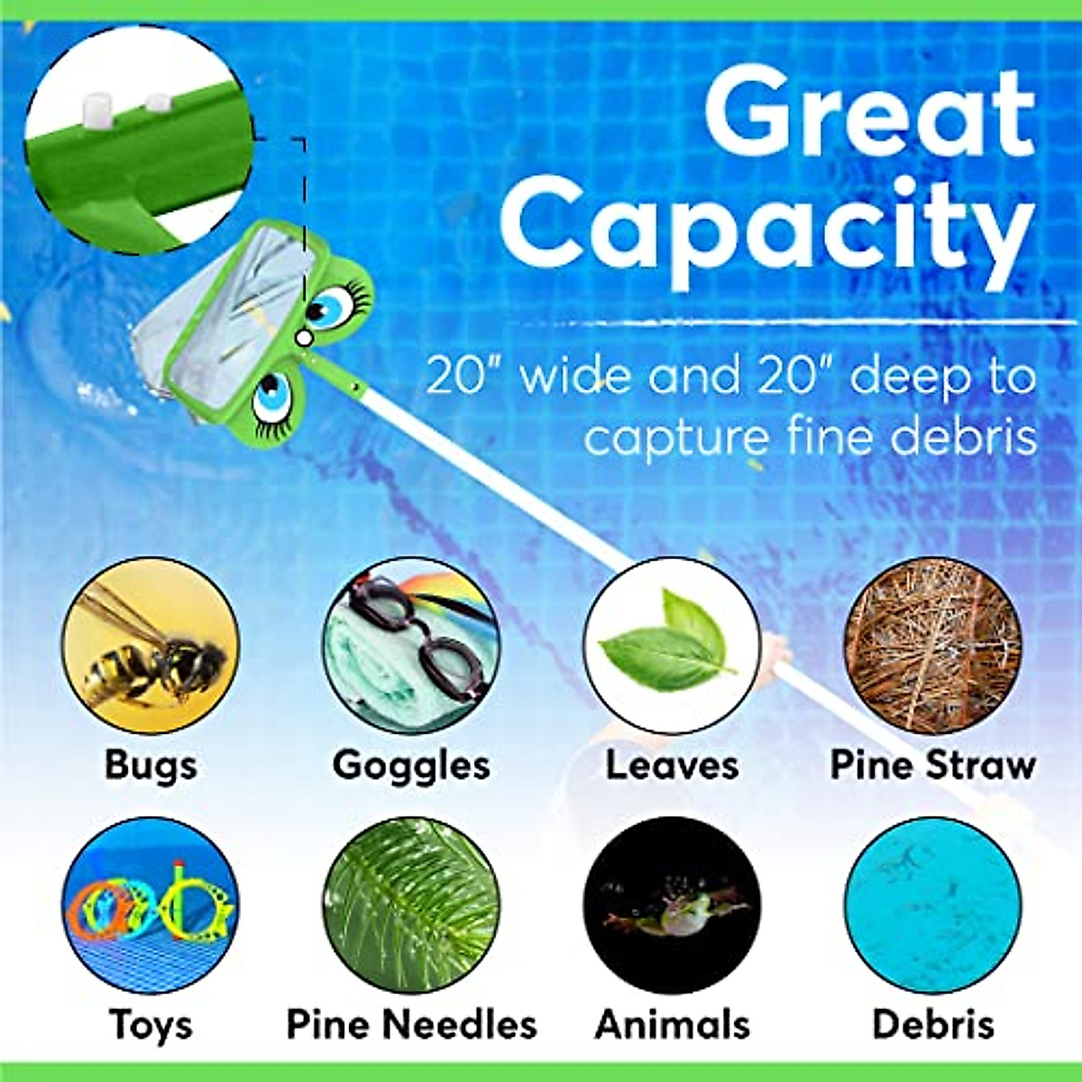 Effortlessly Clean Your Pool with The Skimmie Ms. Frog Large Leaf Rake - 20" Wide Big Mouth Pool Skimmer Net for Above Ground and In Ground Pools, Spa Hot Tubs, and Ponds