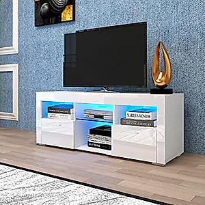 Goujxcy TV Stand for 55 inch TV with Storage - Entertainment Center for 55 inch TV, White Gloss TV Stand with LED Lights and 2 Drawer, Living Room TV Console Table Television Desk Stand