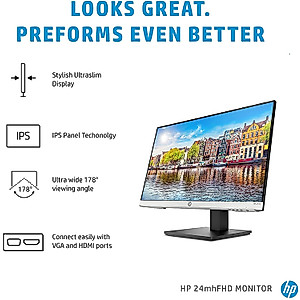 HP New Premium 24mh Series Monitor: 24" FHD IPS Display, Built-in Speakers, VESA Mounting, Height/Tilt Adjustment, HDMI, VGA, DisplayPort, 75Hz Refresh Rate, TF-HDMI Cable
