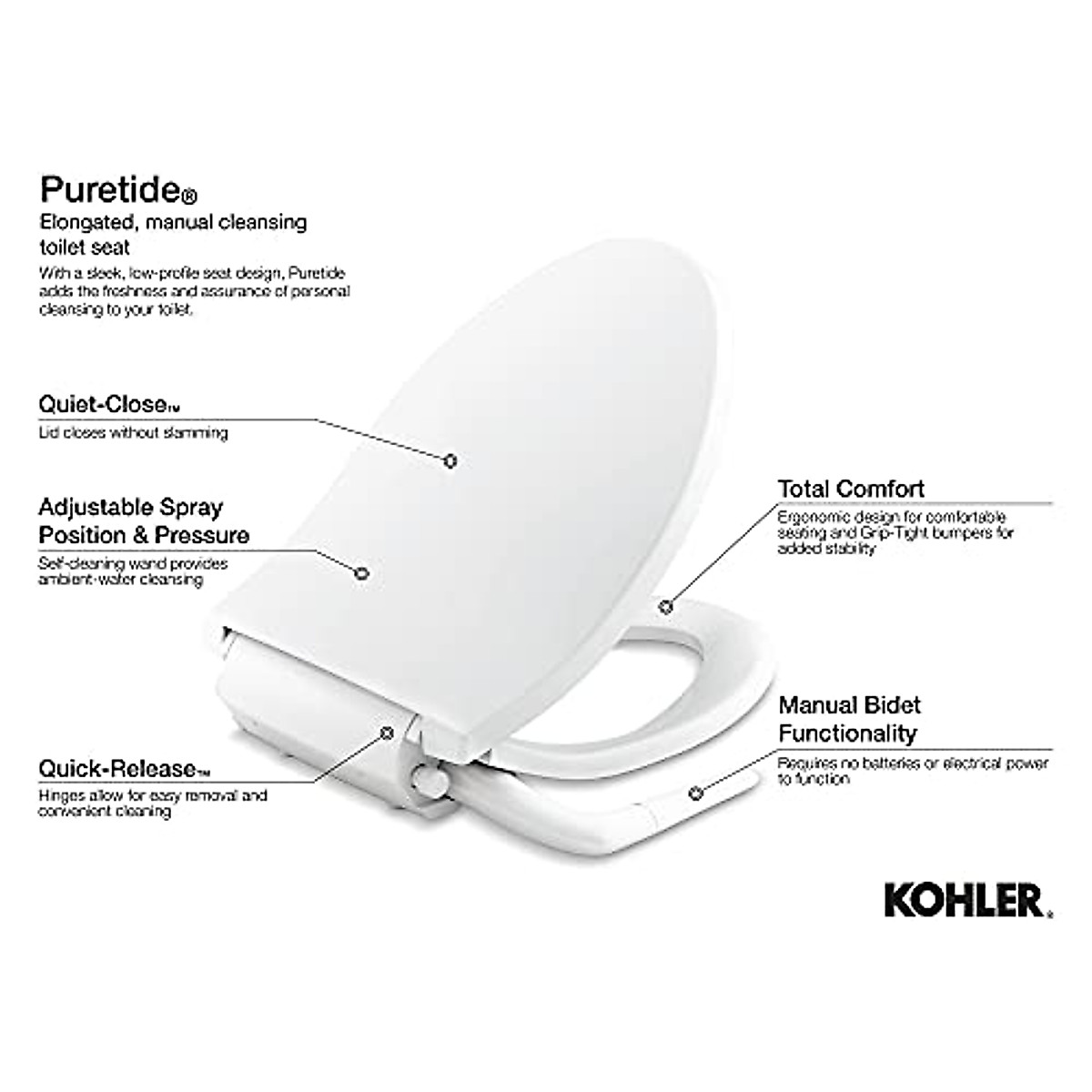 Kohler 5724-0 Puretide Toilet seat, Elongated, White & American Standard 5900A05G.020 Aqua Wash Non-Electric Bidet Seat for Elongated Toilets, 14.9 in Wide x 3.6 in Tall x 21.1 in Deep, White