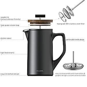 DHPO Ceramic French Press Coffee Maker, 22 Ounce French Press Coffee with Walnut Wood Lid, Premium Triple Filters Food Grade Stainless Steel for Good Coffee and Tea, Black