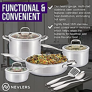 Nevlers 10 Piece Multi-Clad Tri-Ply 18/8 Stainless Steel Cookware Set - Pots and Pans Set - Makes for a Great Cooking Set for Your Kitchen - It is Dishwasher Safe Too!