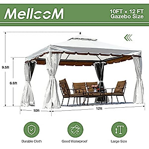 MELLCOM 10’ x 12’ Outdoor Gazebo Canopy, Aluminum Frame Soft Top Outdoor Patio Gazebo with Polyester Curtains and Air Venting Screens Cream