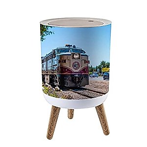 Trash Can with Lid Front Shot of The Napa Valley Wine Train on Sunny Day Press Cover Small Garbage Bin Round with Wooden Legs Waste Basket for Bathroom Kitchen Bedroom 7L/1.8 Gallon