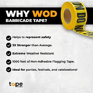 WOD BRC-YNP Barricade Caution Flagging Tape - 3 inch x 1000 feet - High Visibility Bright Yellow for Workplace Safety, Marking Boundaries & Hazardous Areas, Non-Adhesive & Heavy-Duty