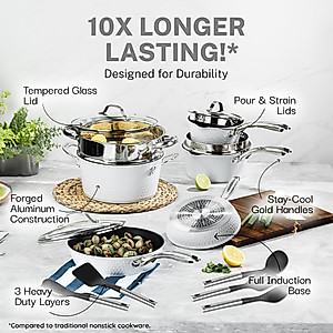 Granitestone 15 Pc Hammered Kitchen Pots and Pans Set Non Stick, Pot and Pan Set, Kitchen Cookware Sets, Induction Cookware Set, Non Stick Pots and Pan Set with Lids, Pot Set, Dishwasher Safe, White