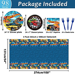 98 Pieces Racing Car Party Decorations Hot Car Tableware Set Racing Car Plates Napkins Tablecloth Party Supplies Kit for Kids Boys Racing Birthday Table Cover Dinnerware Party Favors 24 Guests