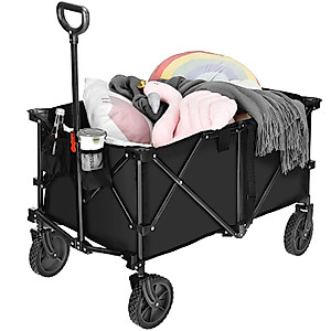 S AFSTAR Folding Wagon Cart, Collapsible Garden Wagon w/Adjustable Handle & Universal Wheels, Heavy Duty Folding Utility Cart for Agricultural Material Toy Grocery, Load Capacity up to 180Lbs (Black)