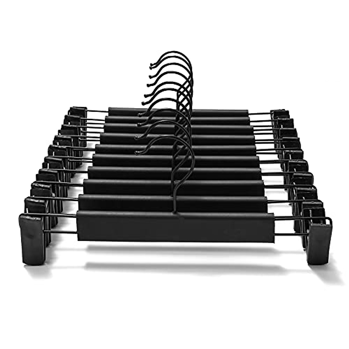 GUANJUNE 10 Pack Clothes Pants Hangers, Space-Saving Skirt Holders with 360 ° Swivel Hooks, Adjustable Clips, Trouser Hangers, Clothes Coat Garment Jeans Hangers, Black