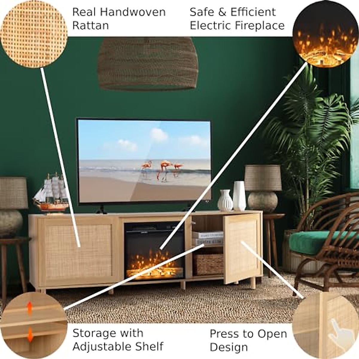 VINGLI Fireplace TV Stand for TVs Up to 75 inch, Rattan TV Stand with Electric Fireplace, Boho Modern Entertainment Center (70" x 24" x 14‘’, Oak, Comes in 2 Boxes)