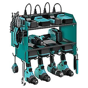 CCCEI Modular Power Tool Organizer Wall Mount with Charging Station. Garage 4 Drill Storage Shelf with Hooks, Screwdriver, Drill Bit Heavy Duty Rack, Tool Battery Holder Built in 8 Outlet Power Strip.