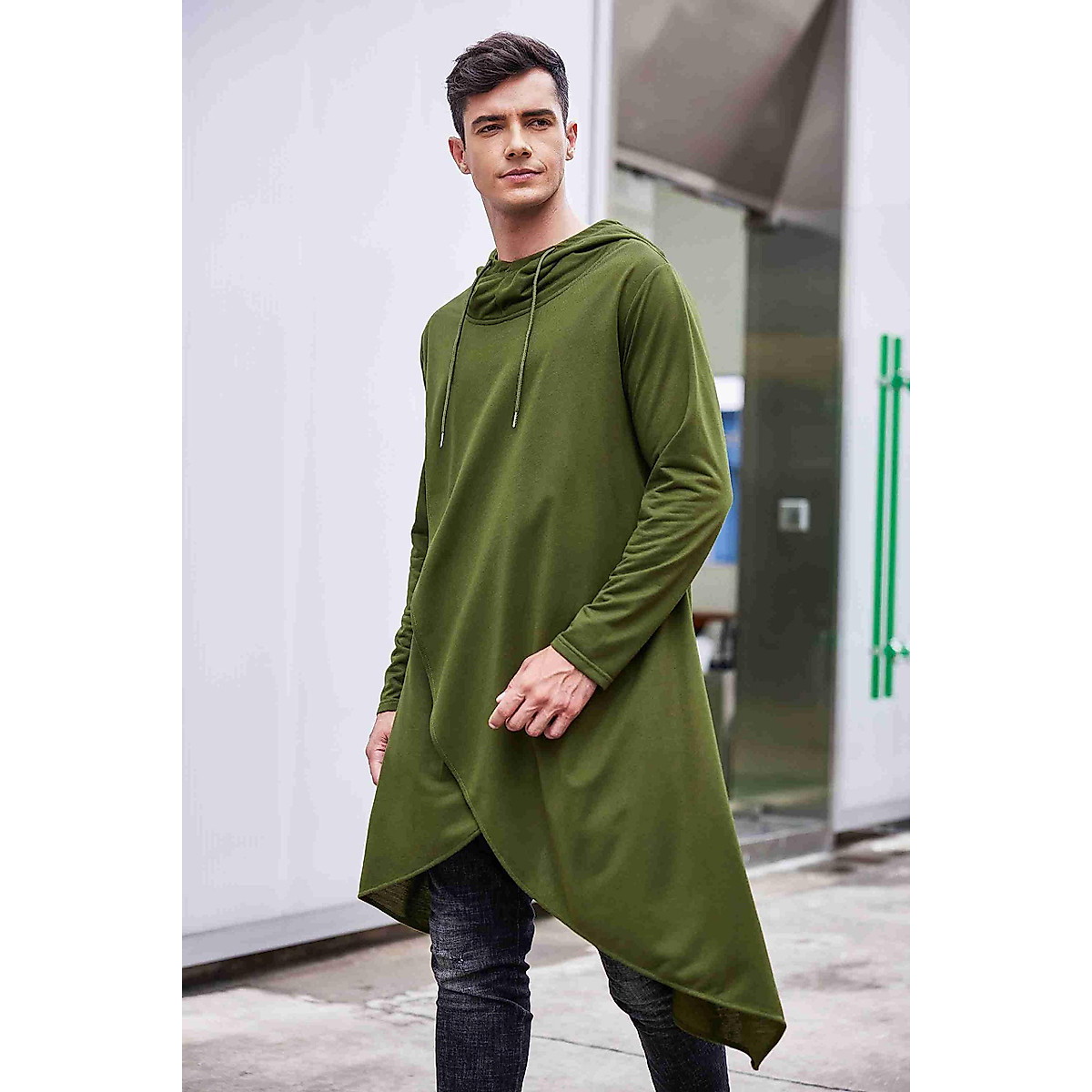 COOFANDY Mens Casual Hooded Poncho Cape Cloak Irregular Hem Hoodie Pullover,Army Green,X-Large
