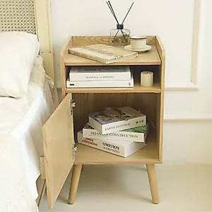 AWASEN Mid Century Nightstand with Charging Station, Rattan Night Stand with Storage, Bedside Table End Table with 2 Tiers Shelf Space for for Bedroom,Living Room, Natural Walnut