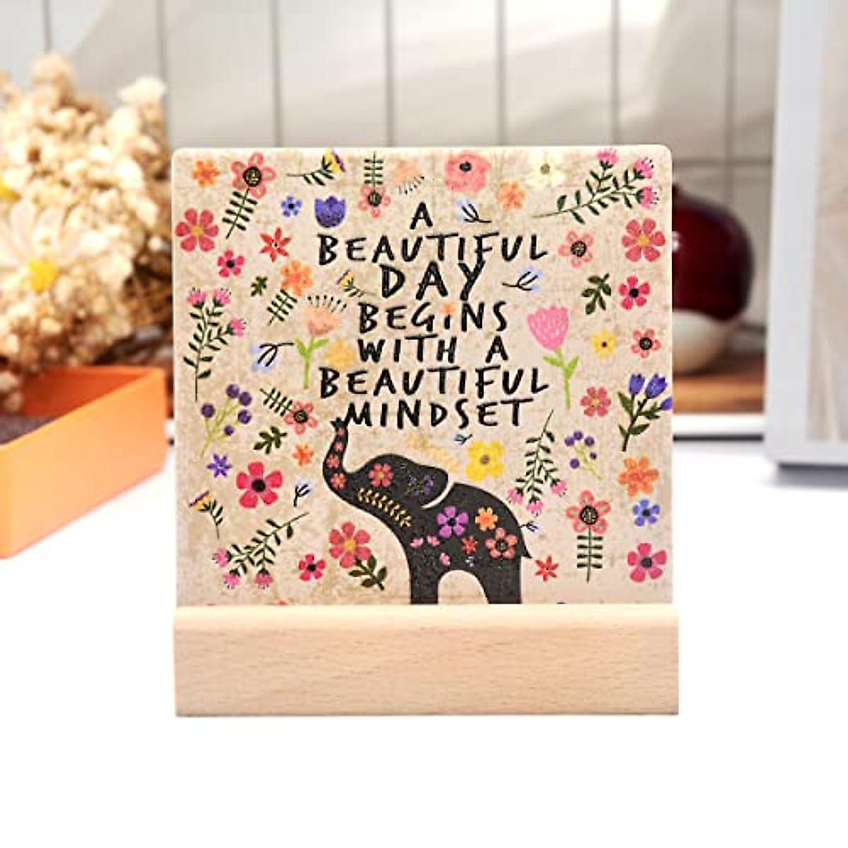 Inspirational Quotes Desk Decor Gifts For Women Girls Friends-Motivational Sign Ceramic Plaque With Wooden Stand-Cheer Up Gifts For Friends Women (beautiful day)